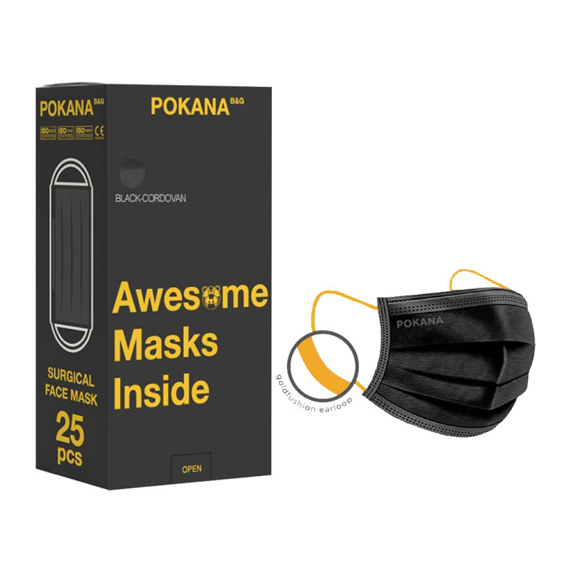 Jual Pokana 4-Ply Earloop Surgical Face Mask Black Goldfusion 25s - HBHoz